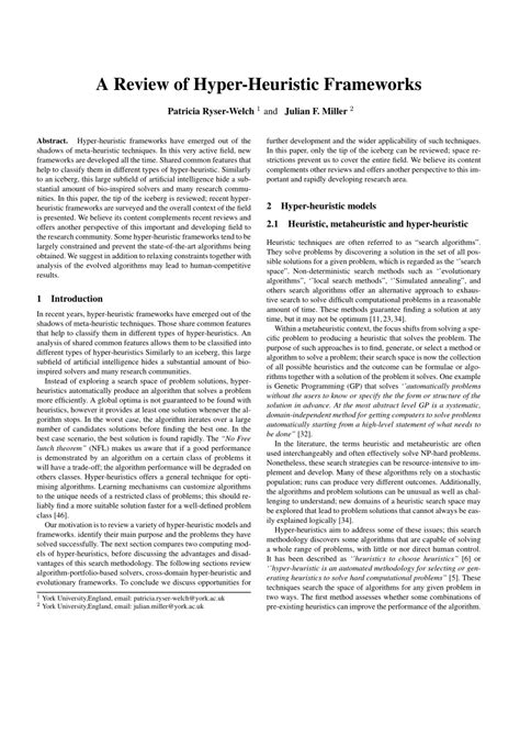 PDF A Review Of Hyper Heuristic Frameworks