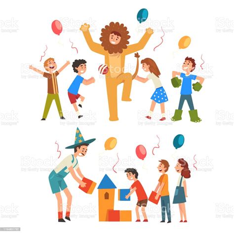 행복 한 남자와 여자는 생일에 애니메이터와 재미 재미 있는 축제 의상에서 연예인 수행 하 고 노는 아이 들 벡터 일러스트 레이 션 공연자에 대한 스톡 벡터 아트 및 기타