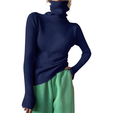 Blue Womens Tops Women Turtleneck Ribbed Knit Sweater Top Thumb Hole