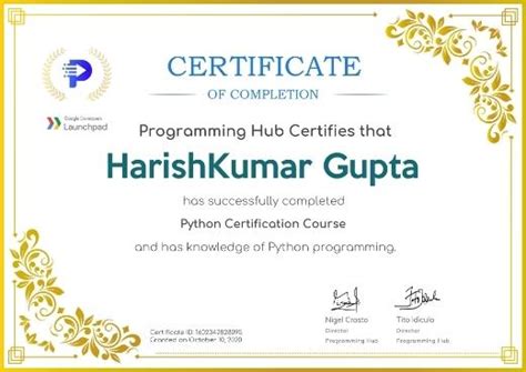 Pythonprogramming Programminghub Learncoding Pythoncode Certificateofcompletion Harish Gupta