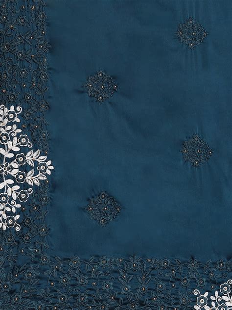 Blue Floral Embroidered Satin Saree Flatshop