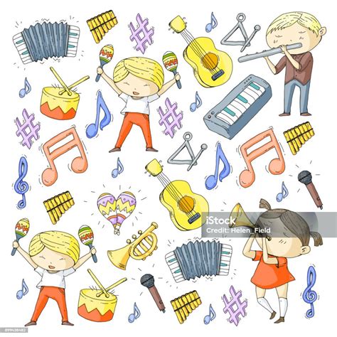 음악 악기 드럼 플 룻 아코디언 트럼펫 피아노 음악 성능 및 학교 연령 어린이 어린이 오케스트라와 음악 뮤지컬 극장 유치원 어린이의 벡터 학교 아이에 대한 스톡 벡터 아트