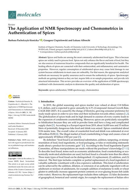 Pdf The Application Of Nmr Spectroscopy And Chemometrics In Authentication Of Spices
