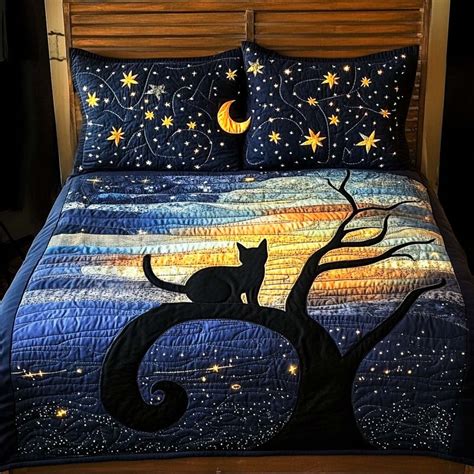 Moonlit Black Cat 3 Piece Quilted Bedding Set Ncu0nnl208 Quiltnest