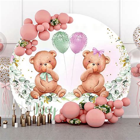 Round Green Leaf Teddy Bear Gender Reveal Backdrop Lofaris