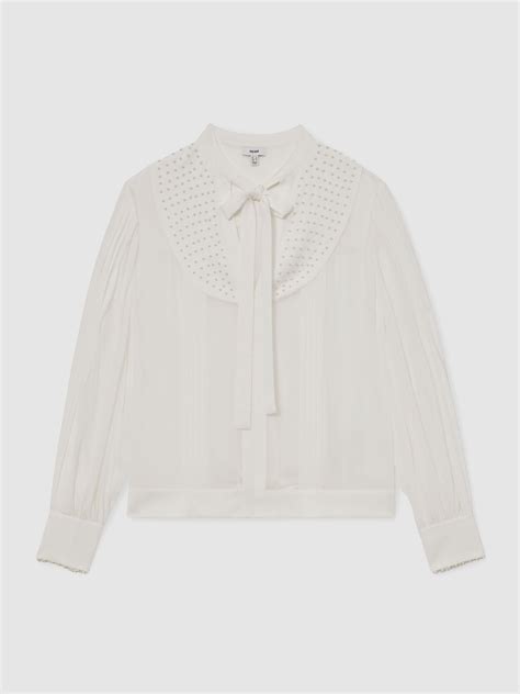 Reiss Georgette Tie Neck Beaded Blouse In Ivory Reiss