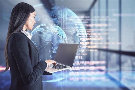 premium photo coding and big data concept with businesswoman typing on laptop keyboard and