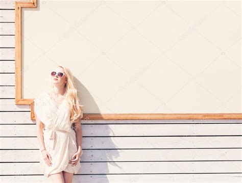 Outdoor Summer Sensual Fashion Portrait Beautiful Young Blond Woman Of