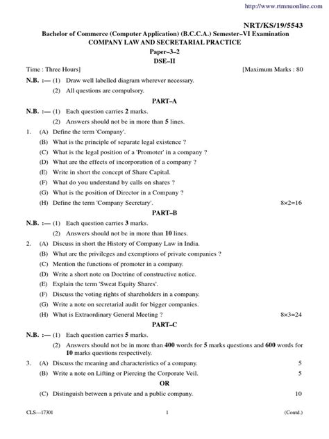 Bcca 6 Sem Company Law And Secretarial Practice 5543 Summer 2019 Pdf Articles Of Association