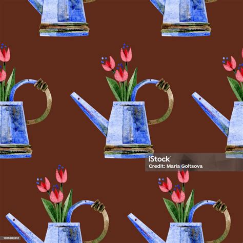 수채화 금속 수분이있는 매끄러운 패턴이 가능합니다 물 캔에 붉은 튤립의 꽃다발 테라코타 배경의 텍스처 섬유 포장 벽지 직물 및 웹 사이트에 적합합니다 0명에 대한 스톡 벡터