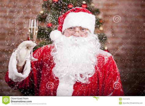 Santa Claus With A Glass Of Sparkling Wine Champagne Stock Image Image Of Brick Hand 31371073