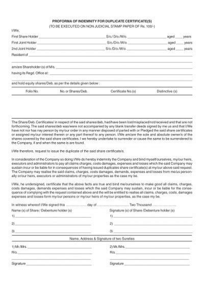 Issue Of Duplicate Share Certificate Affidavit And Indemnity