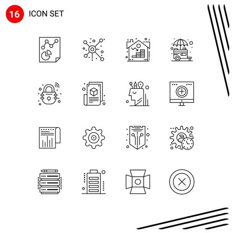 Set Of 16 Commercial Outlines Pack For House Street Estate Stand Food Editable Vector Design