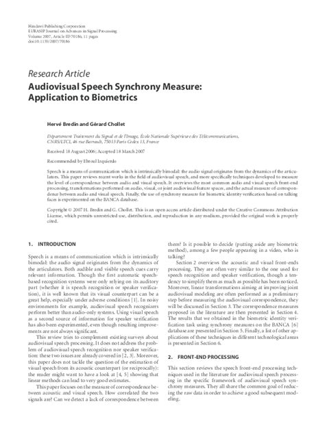 Pdf Audiovisual Speech Synchrony Measure Application To Biometrics
