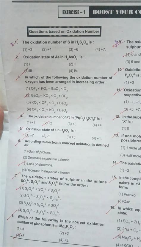 Exercise 1 Questions Based On Oxidation Number 1 The Oxidation Number Of