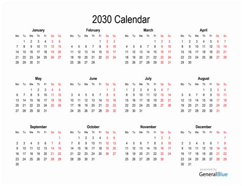 Printable Yearly Calendar For 2030 With Red Weekend With Monday Start