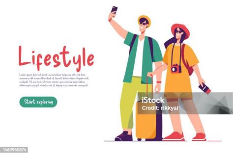 배낭과 여행 가방을 들고 셀카를 찍는 두 명의 관광객 여행자의 벡터 그림 가방에 대한 스톡 벡터 아트 및 기타 이미지 가방 공항 관광 Istock