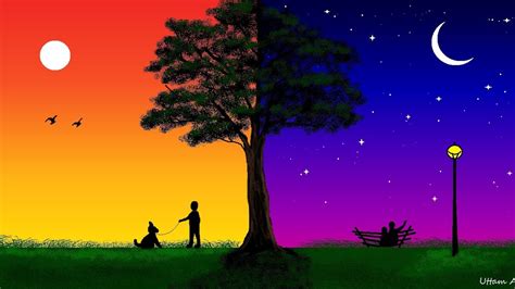 Day And Night Scenery Drawing Ms Paint Drawing Computer Paint Drawing