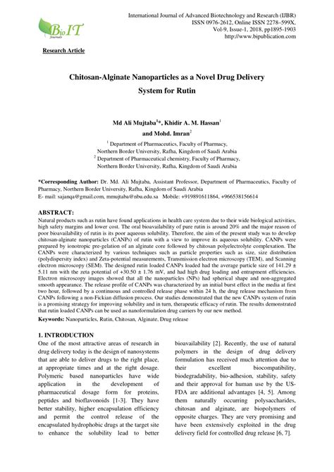 Pdf Chitosan Alginate Nanoparticles As A Novel Drug Delivery System For Rutin