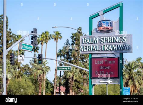 A Palm Springs Aerial Tramway Sign In Daylight In California Stock