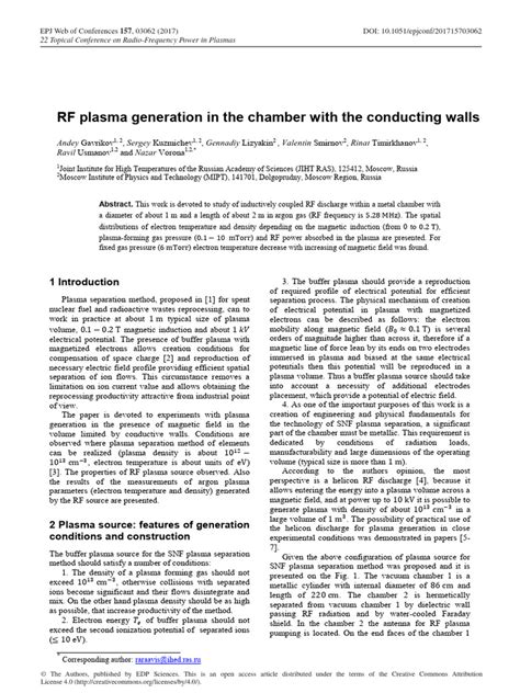 Rfplasmagenerationinthechamberwiththecondu Pdf Plasma