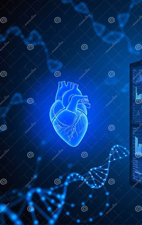 Heart Hologram With Analytics Infographics And Monitor On Blue