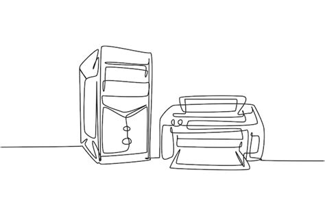Premium Vector One Continuous Line Drawing Of Cpu Computer And Printer For Small Office