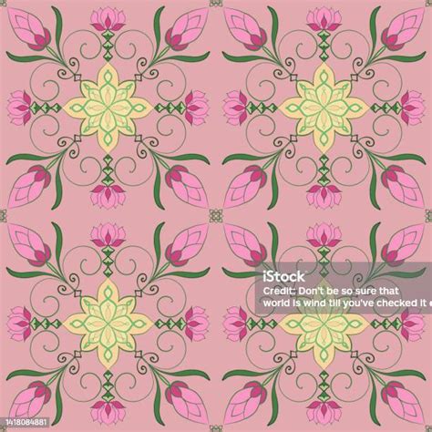 빈티지 핑크 옐로우 플라워 일러스트 레이 션 핑크 배경에 원활한 패턴 추상 식물상 배열 만다라 반복 패턴 의류 패션 패브릭 섬유 인쇄 벽지 종이 포장 0명에 대한 스톡 벡터