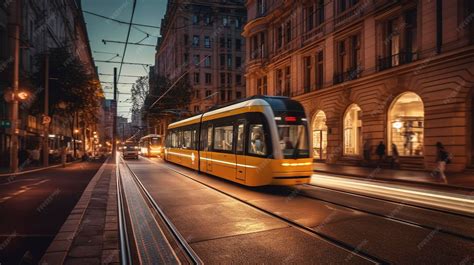Premium Ai Image A Photo Of A City Tram Passing By In An Urban Street