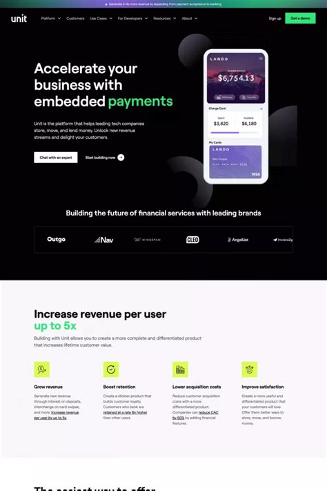 Unit Embedded Banking And Lending Platform On Landbook Get Inspired By Landing Design And More