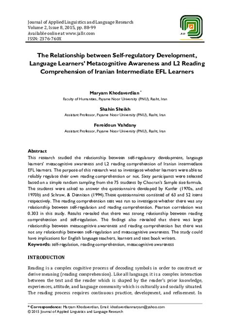 Pdf The Relationship Between Self Regulatory Development Language Learners Metacognitive
