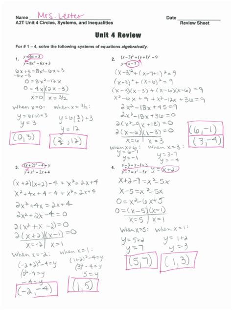 Unit 4 Review Sheet Answer Key Circles Systems Inequalities Pdf