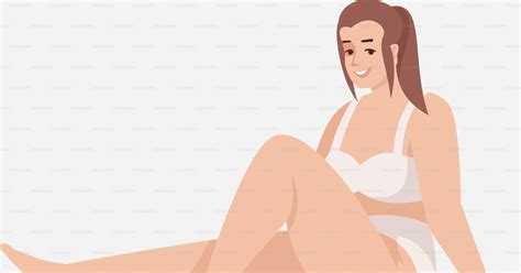 속옷 세미 플랫 Rgb 컬러 벡터 일러스트레이션을 입고 포즈를 취하는 매력적인 여성 모델 자기 수용 신체 긍정을 조장하는 사람은 흰색 배경에 고립된 만화 캐릭터에