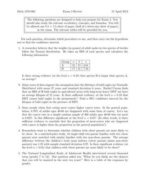 Math 1070 003 Exam 3 Review 15 April 2013