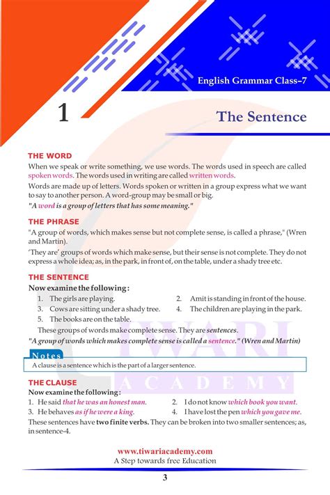Class 7 English Grammar Chapter 1 The Sentence Updated For 2025 26