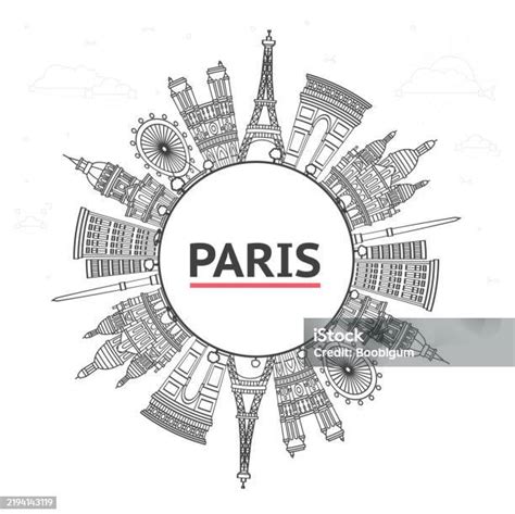 파리 프랑스 도시의 스카이라인 역사적인 건물 복사 공간 Isolated On White의 윤곽을 그립니다 랜드마크가 있는 파리