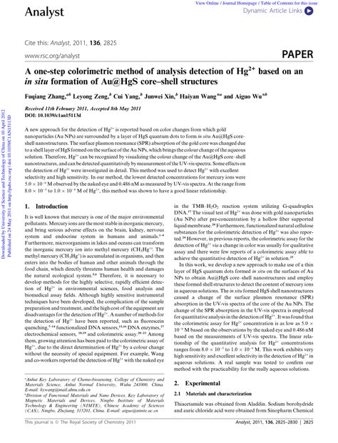 Pdf A One Step Colorimetric Method Of Analysis Detection Of Hg2 Based On An In Situ Formation