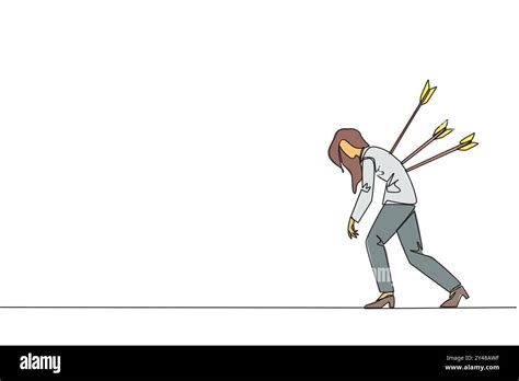 Single One Line Drawing Businesswoman Standing And Several Arrows Stuck In The Back Attacked