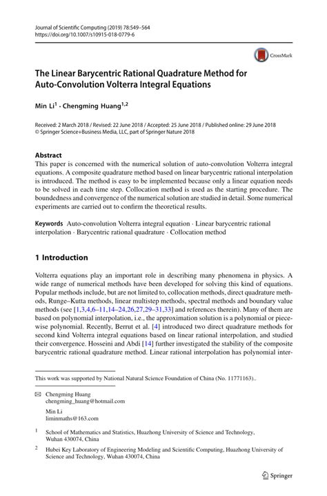 Pdf The Linear Barycentric Rational Quadrature Method For Auto Convolution Volterra Integral