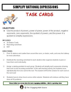 USE RULES OF EXPONENTS TO SIMPLIFY EXPRESSIONS TASK CARDS TPT