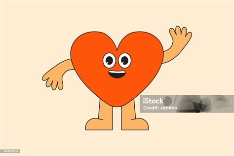 벡터 만화 얼굴 추상 디자인 마스코트 Y2k 스티커 및 배지 행복하고 화난 표정 스티커 및 아이콘 사랑 개념 손과 발이 있는 하트 스티커에 대한 스톡 벡터 아트 및 기타