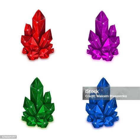 흰색 배경에 고립 된 빨간색 보라색 녹색 및 파란색 크리스탈 루비 사파이어 자수정 에메랄드 주얼리 벡터 그림입니다 0명에 대한