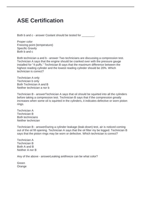 ASE Certification Questions With Correct Answers ASE Stuvia US