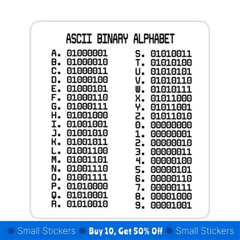 Hacker Ascii Binary Alphabet And Numbers Table Sticker For Sale By