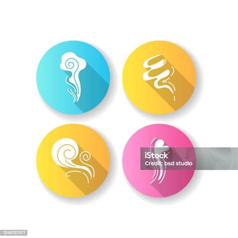 냄새 플랫 디자인 긴 그림자 문 고 아이콘 세트 좋은 냄새 바람 소용돌이 좋은 향수 향기 하트 모양의 향기로운 향기가 흐르고 있습니다 스모크 퍼프 스팀 컬 실루엣 Rgb