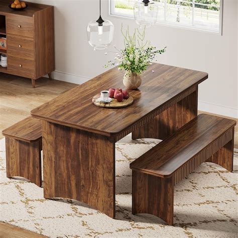 Byblight Halan 3 Piece Rectangle Rustic Brown Wood Top Dining Table Set