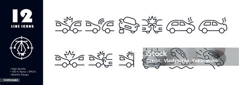 자동차 사고 세트 아이콘입니다 충돌 벽에 충돌 폭발 과열 물에 빠지고 절벽에서 떨어지고 거리를 유지하고 콘크리트 슬래브가 떨어집니다 도로 교통 개념 비즈니스용 벡터 줄