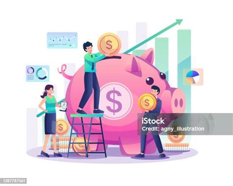 사람들은 그래픽 차트증가와 함께 돼지 저금통에 동전 돈을 넣어 비용 절감 및 투자 개념 플랫 스타일 벡터 일러스트레이션 개념에 대한 스톡 벡터 아트 및 기타 이미지 Istock