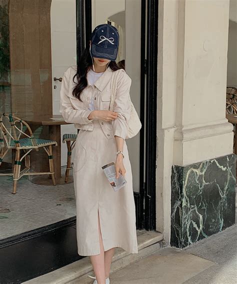 44 120 엔피트리 코튼 카라넥 스트링 뒷밴딩 트임 투피스 세트 에이블리