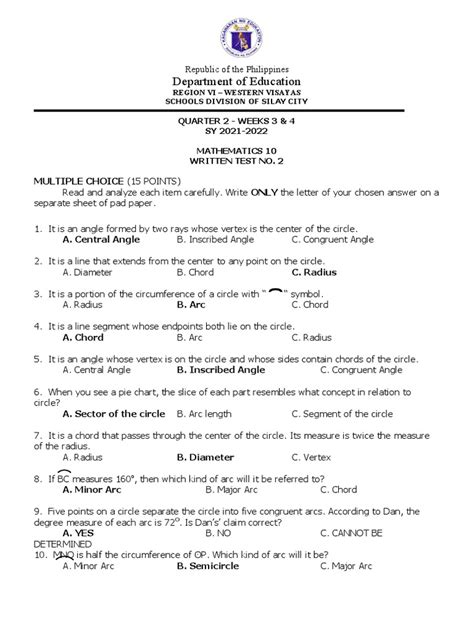 Math G10 Q2 Wt 2 Pdf Circle Angle